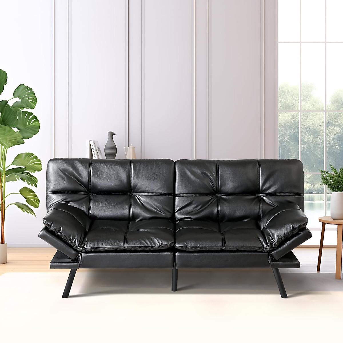 MUUEGM 71" Sofa Bed with Memory Foam,Futon Sofa Bed with Adjust Backrest and Armrest, Couches for Living Room,Studios, Apartments, Dormitories, Offices and Game Rooms. Black Leather Sofa