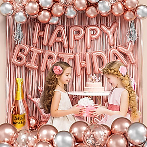 MURDIZZO Rose Gold Happy Birthday Decors Women,Rose Gold Birthday Decors w/ Banner, Fringe Curtains, Feminine-Themed Foil Balloons, Balloon Kits 13th 21st 25 30 40 50th Birthday Decors