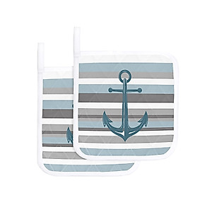 Pot Holder Set of 2 Coastal Nautical Anchor Potholder Heat Proof Non-Slip Pot Holders,Blue Grey Stripe Hot Pads Potholders for Kitchen Cooking Baking BBQ