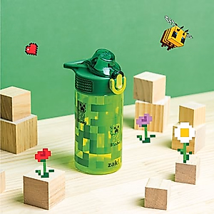 Zak Designs Sage Minecraft Kids Water Bottle For School or Travel, 16oz Durable Plastic Water Bottle With Straw, Handle, and Leak-Proof, Pop-Up Spout Cover (Creeper)