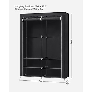 SONGMICS Portable Closet Wardrobe with Shoe Rack and Cover, Closet Storage Organizer, 2 Hanging Rods, Shelves, and 4 Side Pockets, 50 x 17.7 x 69.3 Inches, Spacious for Bedroom, Black URYG008B02