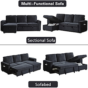 INSTORY Mid-Century Modern Velvet Sofa Sectional L-Shaped Sofa Pull Out SofaBed Convertible Sleeper Sofa Bed with Storage Chaise & USB for Living Room - Black