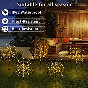 Outdoor Solar Garden Lights, 4 Pack Christmas Solar Firework Lights Waterproof 8 Modes Decorative Stake Landscape Lights DIY Flowers Fireworks for Garden Pathway Lawn Party (Warm)