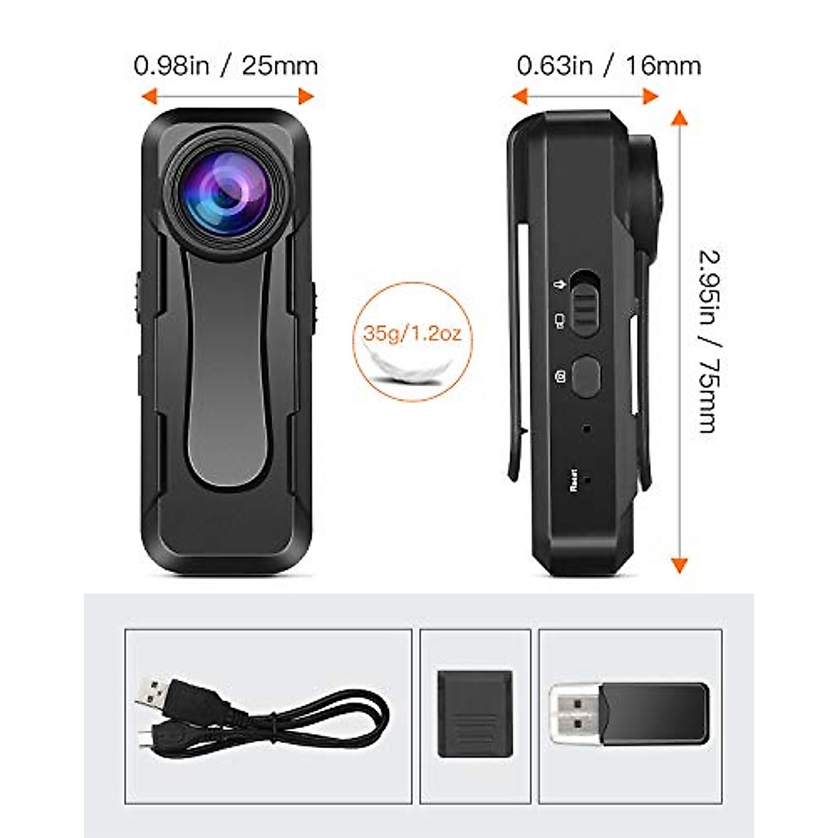 BOBLOV W1 Hidden Camera, True 1080P Small Body Camera, Personal Pocket Video Camera with Audio Loop Recording Time Stamps External Memory Up to 128GTwo Clips and Easy to Operation (32GB)