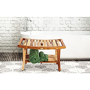 EcoDecors Harmony Teak Shower Bench 30" Long Natural Wood Shower Bench with Shelf and LiftAide Arms Shower Stool in Earthy Teak Finish for Indoors and Outdoors