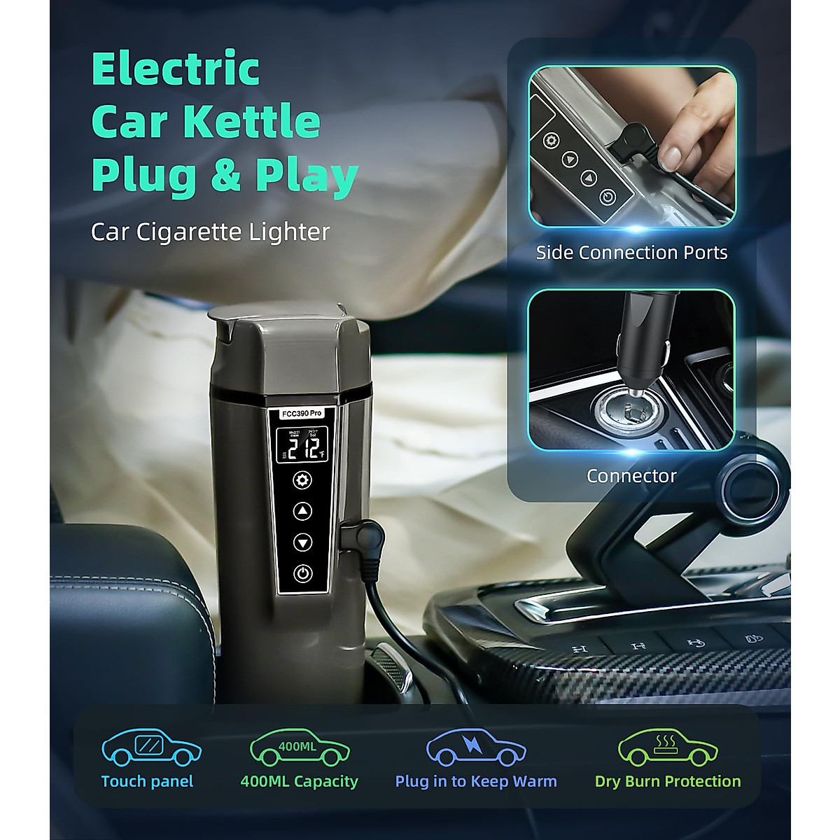 BLONGKY Portable Electric Car Kettle: 12V/24V Kettle Mini Water Boiler for Car Heated Travel Mug,Smart Precision Temperature Adjustment Coffee Tea Truck Cup with Handy Kettle Bag (Taupe, 400ML)