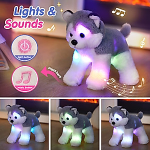 BSTAOFY 12’’ Musical Light up Husky Puppy Stuffed Animal Realistic LED Singing Dog Soft Plush Toy with Night Lights Glow in The Dark Birthday Valentines Christmas for Toddler Kids