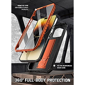 Poetic Compatible with iPhone 14 Pro Max Case, Spartan Phone Case for iPhone 14 Pro Max, Full Body Leather Texture Shockproof Protective Cover with Screen Protector and Kickstand, Metallic Orange