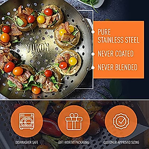 Yukon Glory Grill Basket 3-Piece Mini Grilling Basket Set - Stainless Steel Perforated Grill Baskets for Grilling Veggies Seafood and Meats Includes Grill Pan - Square Basket and Circular Basket