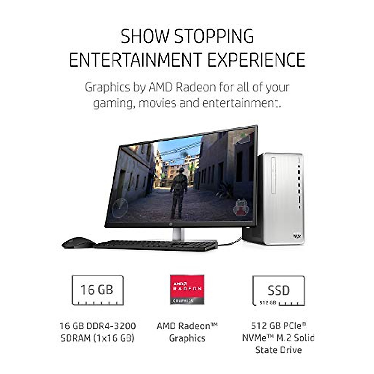 HP Pavilion Desktop, AMD Ryzen 7 4700G Processor, 16 GB of RAM, 512 GB SSD Storage, Windows 10 Home, Dual Display Support, Wireless Computer PC, for Gaming, Study, and Business (TP01-1160, 2020)