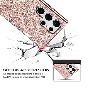 YINLAI Case for Samsung Galaxy S23 Ultra Case, 6.8 Inch Glitter Bling Sparkly Shiny Slim Women Girls Hybrid Soft Smooth Shockproof Protective Girly Phone Cases Cover, Rose Gold/Pink