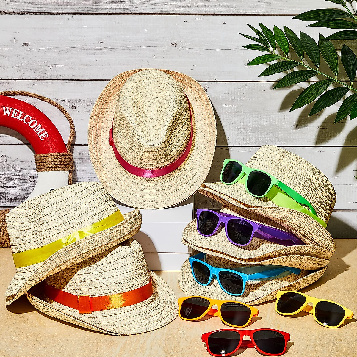 Newcotte 24 Pcs Party Hats, Straw Hats, Fedoraa Hat Bulk, Havana Cubans Party Hats with Sunglass Hawaiian, Birthday Party Supplies