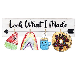 Elegant Designs HG2038-WBM Decorix Farmhouse Wall Mounted Hanging 4 Photo Wood Picture Display w Clips & Look What I Made Black Script for Artwork,Drawings,Décor,Kids Room,Nursery,Playroom,Wht Wash