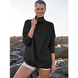 ANRABESS Women's Sweater Oversized Quarter Zipper Casual Long Sleeve Collar High Neck Ribbed Knit Loose Fit Half Zip Tunic Pullover 2023 Fashion Fall Outfits Tops 802heise-XL Black