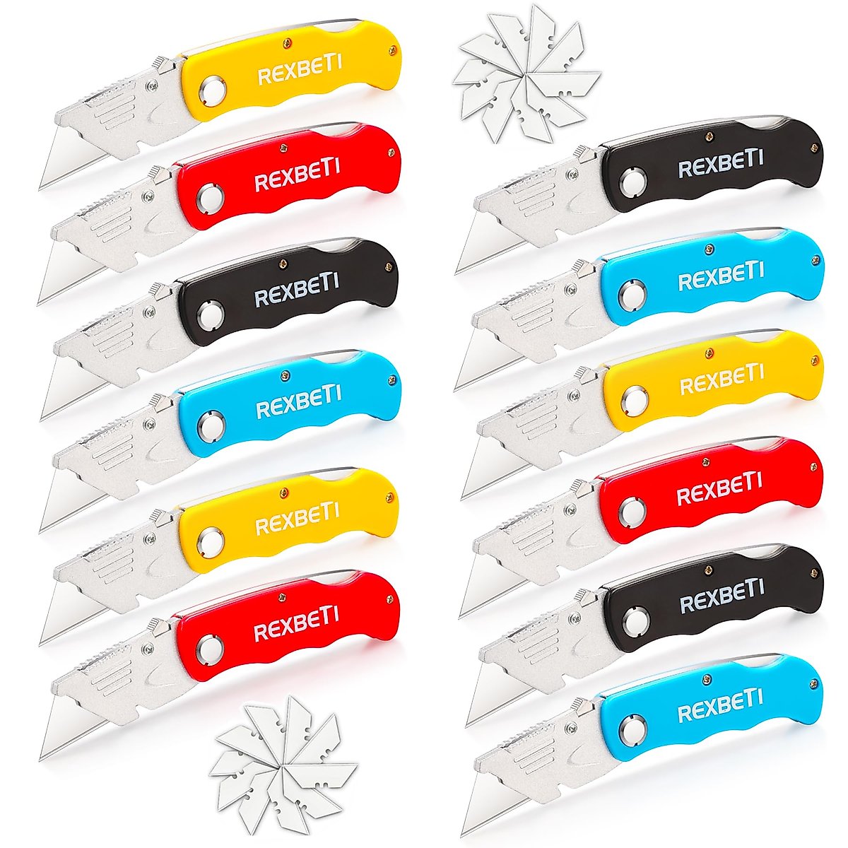 REXBETI 12 Pack Folding Utility Knife Set Quick Change Blade box cutter, Back-lock Mechanism with 20 Extra Blades, SK5 Standard Replaceable Razor Blad