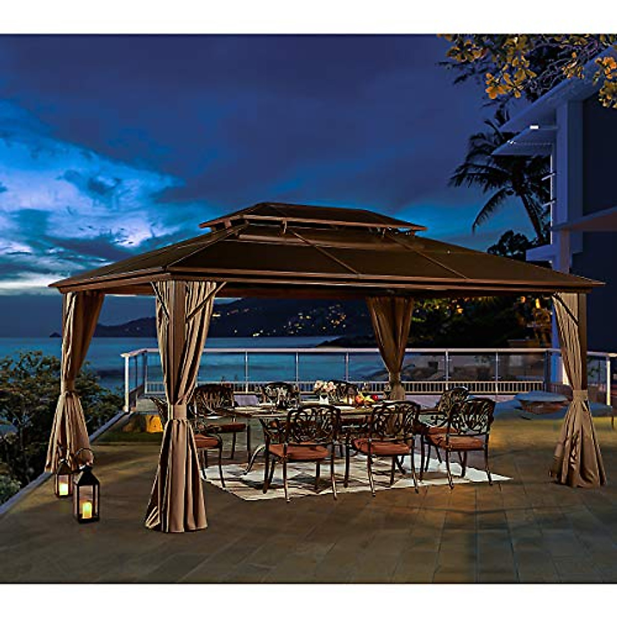 MELLCOM 12 x 16ft Polycarbonate Hardtop Gazebo, Double Roof Aluminum Gazebo, Outdoor Waterproof Gazebo with Netting and Curtains for Patios, Garden, Deck, Lawns