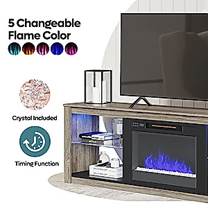 Bestier Fireplace TV Stand for 75 inch TV with 23 inch Electric Fireplace, 70 inch Entertainment Center with LED Light, Glass Shelves for Living Room, Wash Gray