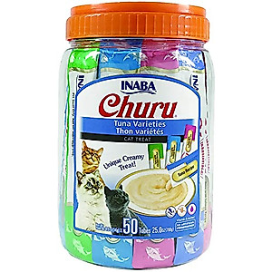 INABA Churu Cat Treats, Grain-Free, Lickable, Squeezable Creamy Purée Cat Treat/Topper with Vitamin E & Taurine, 0.5 Ounces Each Tube, 50 Tubes, Tuna Variety