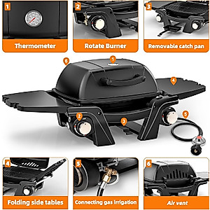 Kukoofyer Gas Grill Portable Propane Grill, Tabletop Grill Propane, 24,000 BTU Outdoor BBQ Grill Camping Grill with Two Burners, Removable Side Tables, Built in Thermometer, Black