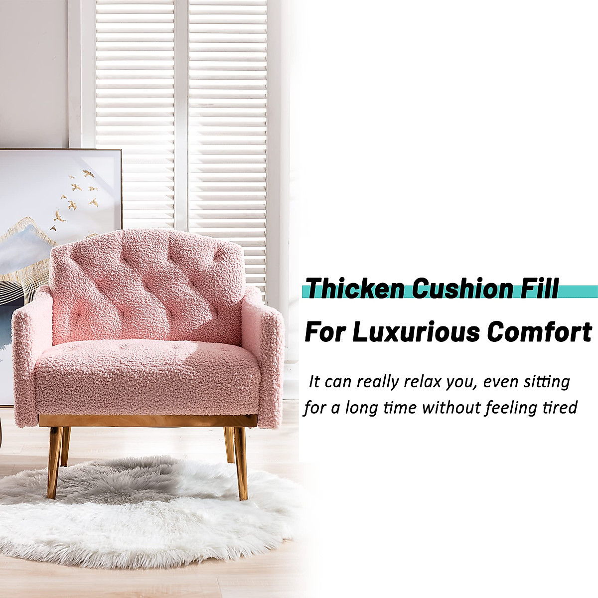 JOYBASE Mid Century Modern Accent Chair, Wood and Steel Armchair, Comfy Reading Chair, Arm Chair for Living Room, Bedroom (Pink, Faux Fur)