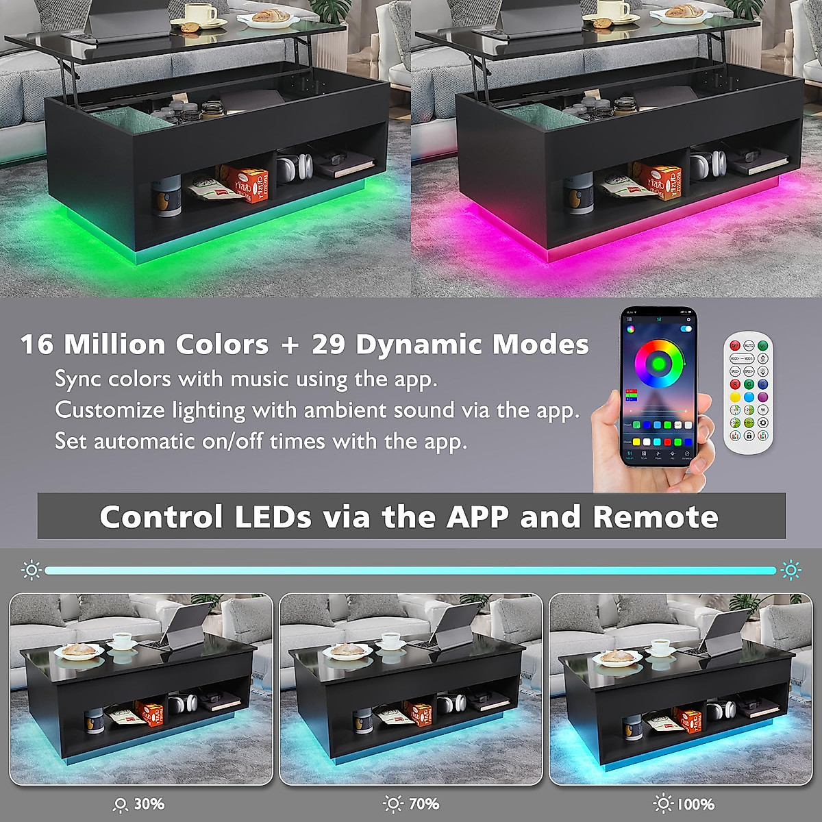 HOMMPA Lift Top Coffee Table with Hidden Storage LED Coffee Table Morden High Gloss Black Living Room 3 Tiers Modern Tea Table with Storage Center Tables Hidden Compartment & 2 Open Shelves