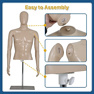 42-59 Inch Male Mannequin Torso, Height Adjustable Dress Form Mannequin Detachable Arms Mannequin Stand Sewing Manikin Display Dress Mannequin Clothing Form with Metal Base Stand, Nature