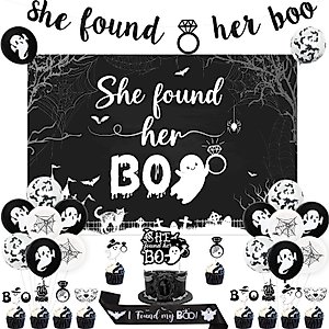 Wonmelody Halloween Bachelorette Party Decor with She Found Her Boo Banner Backdrop Halloween Bridal Shower Decor Cake Toppers Sash Boochelorette Ghost Spooky October Decor for Bachelorette Wedding