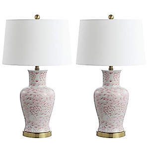 SAFAVIEH Lighting Collection Calli Pink/ White Chinoiserie 28-inch Bedroom Living Room Home Office Desk Nightstand Table Lamp Set of 2 (LED Bulbs Included)