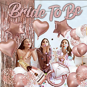 Bachelorette Party Decorations - Rose Gold Bride to be Decorations Wedding Whower Decorations Set Engagement Party with Foil Curtain ,Balloons, Photo Props, 92 Pcs Bridal Shower Decorations Supplies
