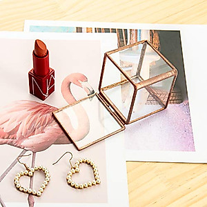 Feyarl Tiny Clear Glass Jewelry Trinket Box Ornate Rings Earrings Shadow Organizer Treasure Chest Decorative Keepsake Case with Lid for Wedding Birthday Gift (Brass)