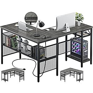 Unikito L Shaped Computer Desk with USB Charging Port and Power Outlet, Reversible L-Shaped Corner Desk with Storage Shelves, Industrial 2 Person Long Gaming Table Modern Home Office Desk, Black Oak