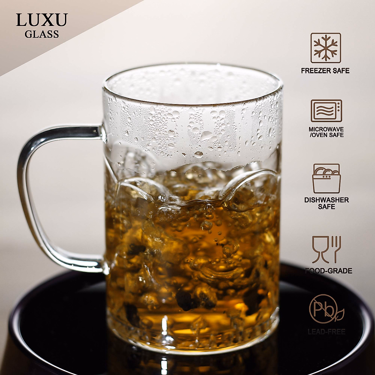 LUXU Glass Coffee Mugs 16 oz,Set of 2 Large Glass Coffee Cups Clear Tea Cups,Iced Coffee Glasses,Lead-Free Drinking Glasses for Water,Cappuccino,Latte,Cereal,Yogurt,Milk-Flat Bottomed Design
