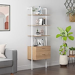 CECER Bookshelf with Wood Drawers and Matte Steel Frame for Small Places Bedroom Office Apartment