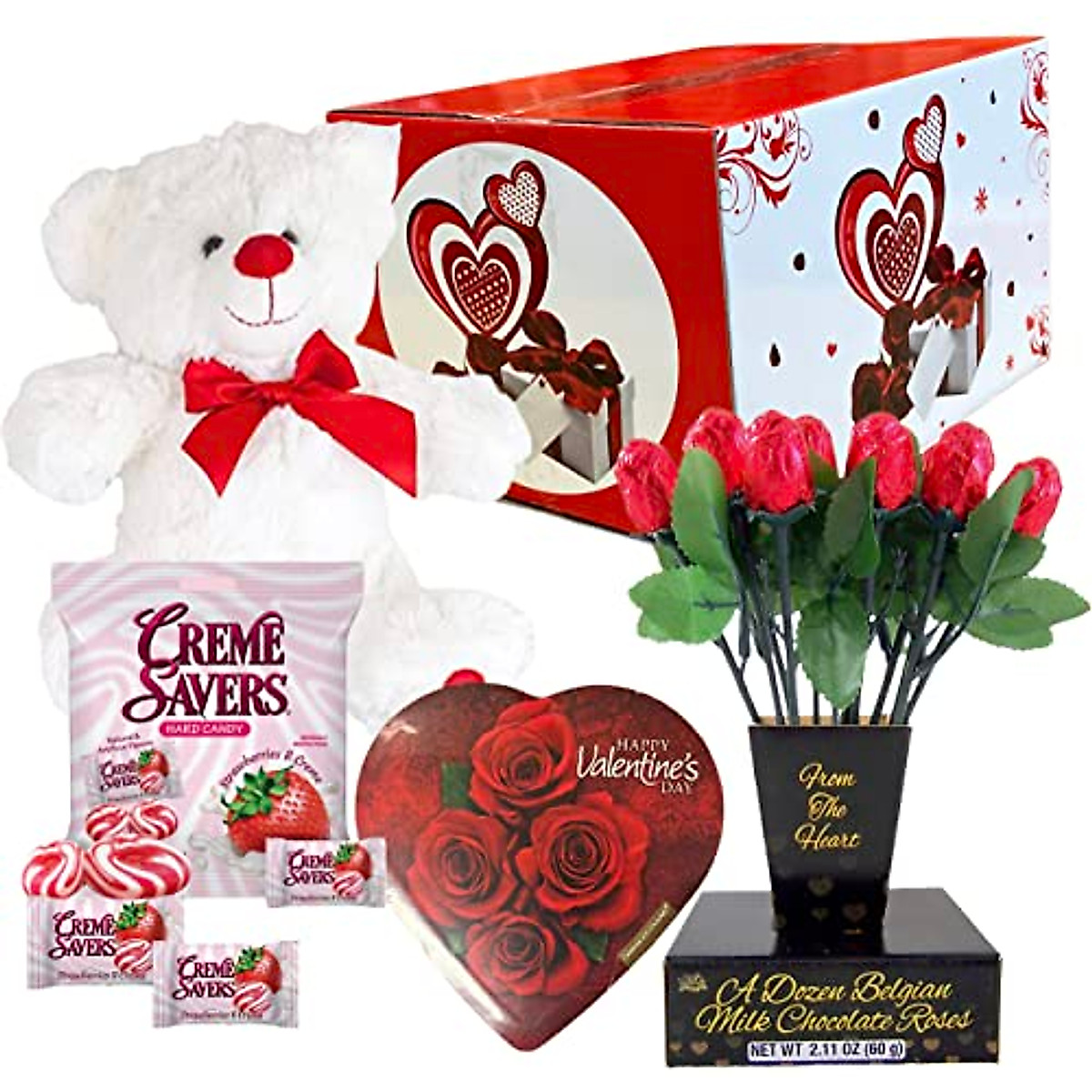 VALENTINE GIFT BASKET SET |10" Teddy Bear Plush (White or Red), Dozen Belgian Milk Chocolate Roses Bouquet, Creme Savers Strawberry and Creme Hard Candy, Elmer Chocolate Rose Flowers Heart Shaped, & Beautiful Custom Valentine Box|