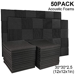 Burdurry 50 Pack Acoustic Panels Soundproof Studio Foam for Walls Sound Absorbing Panels Sound Insulation Wedge for Studio, 1" X 12" X 12" (Black)