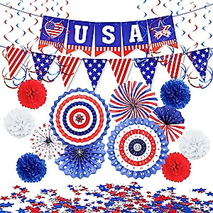 27 Pieces 4th of July Decorations Set, Red White Blue American Flag Hanging Honeycomb Paper Fans, Pom Poms, Swirls, Love USA Banner, Star Garland Patriotic Independence Day Outdoor Party Supplies