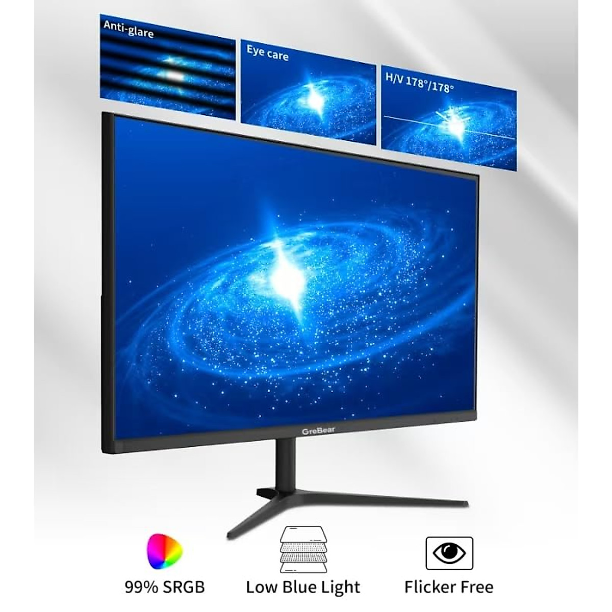 GreBear 27-inch Computer Monitor IPS Panel PC Monitors FHD 1080p 75Hz LED Display Home Office Desktop Screen, HDMI, VGA, Flicker-Free, Flicker Free, Blue Light Filter, 100x100 mm VESA Mountable