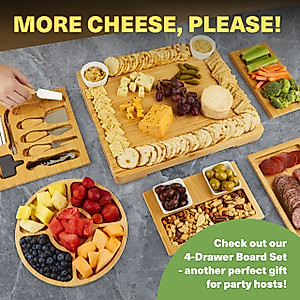Charcuterie Board Gift Set, Expandable Bamboo Cheese Board with Stainless Steel Serving Utensils, Ceramic Bowls, Appetizer and Serving Trays, Utensil Trays - Housewarming 2 Drawers