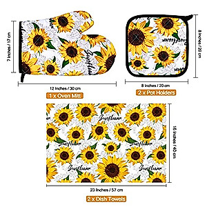 RUODON 5 Pack Yellow Sunflower Dish Towels Oven Mitts and Potholders Gloves-Oven Mitts Sunflower Dish Cloths Linen Set for Home Cleaning Daily Kitchen