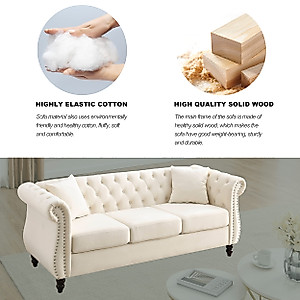80" Chesterfield Sofa Couch Velvet 3-Seater Sofa with Two Pillows, Nailhead & Rolled Arms Upholstered Sofa with Curved Backrest Solid Wood Legs for Living Room, Bedroom, Office (Beige)