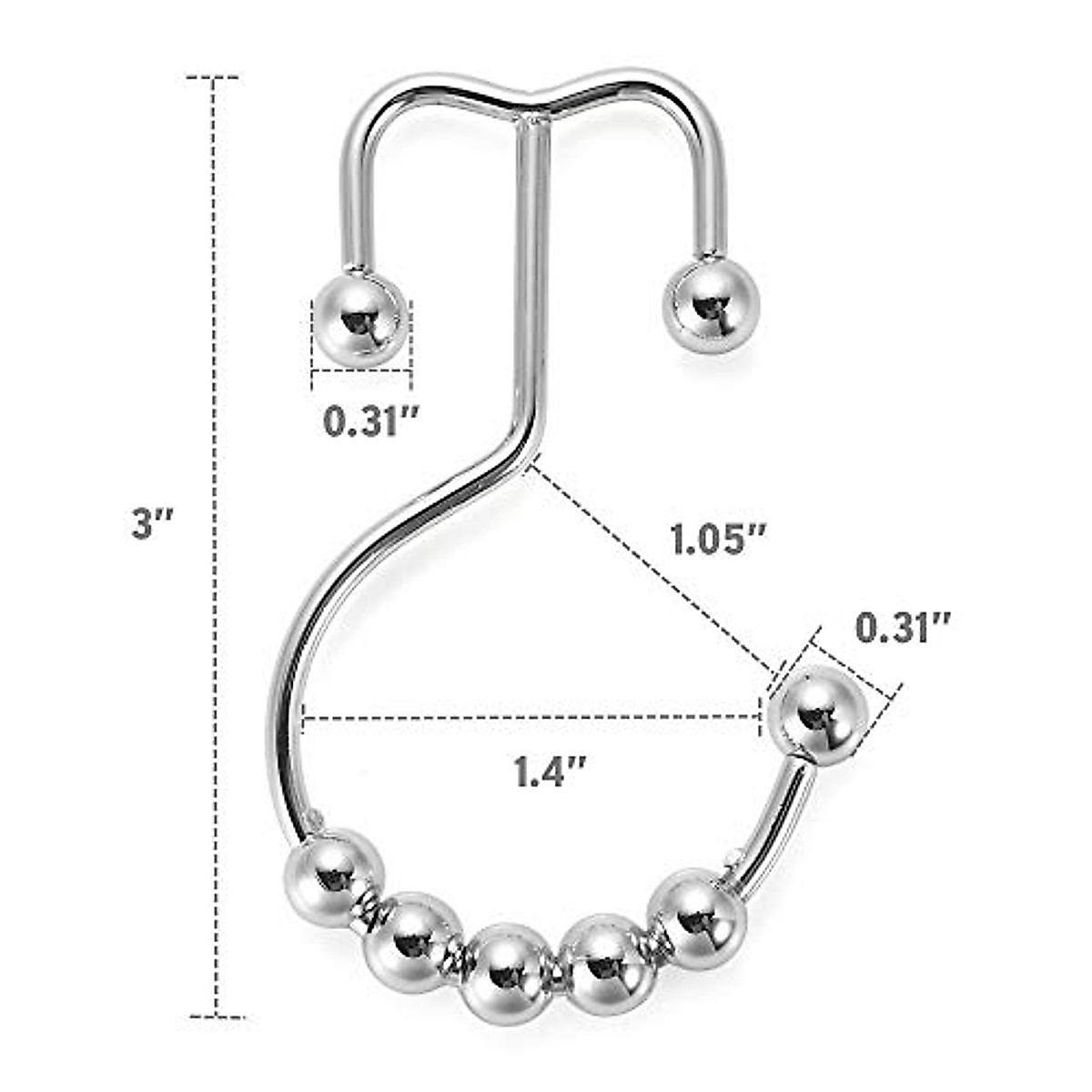 Amazer Shower Curtain Hooks Rings, Rust-Resistant Stainless Steel Double Shower Curtain Hooks, Shower Hooks for Shower Curtain and Liner Bathroom, Set of 12, Chrome