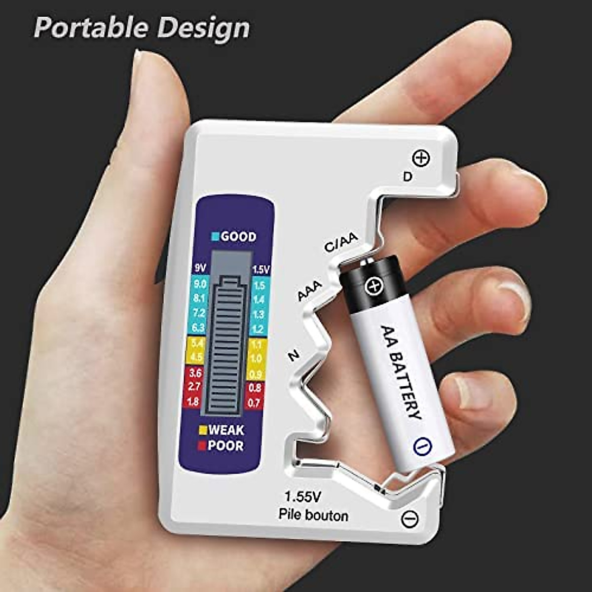 Yakamoz Universal Battery Tester Hand Held Battery Checker Household Battery Life Tester for AAA AA C D 9V 1.5V Button Cell Small Mini Batteries Power Testing