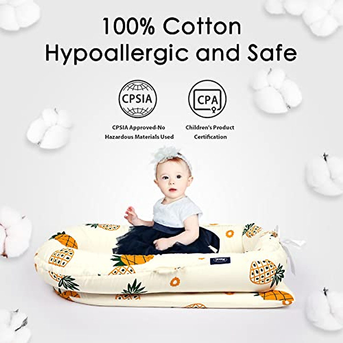 Baby Lounger Replacement Cover (Adjustable Ribbon), 100% Hypoallergenic Cotton Infant Nest Extra Cover, Premium Quality Baby Dock Cover (Pineapples)