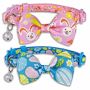 Pohshido Easter Cat Collar with Bow Tie, Holiday 2 Pack Kitty Kitten Cute Bunny Carrot Collar for Girls and Boys (Hoppy Hour/Pink)