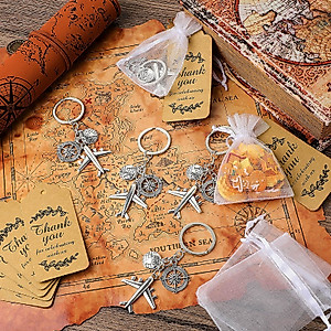 Henoyso 45 Pcs Airplane Keychain Party Favor, Including Airplane Compass Keychain with Thank You Tags, Organza Favor Bag for Party