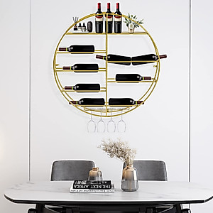 Gdrasuya10 Gold Wall Mounted Wine Racks Modern Metal Hanging Wine Bottle Holder Shelf for 12 Bottles and 4 Glass Cups Round Multipurpose Wine Storage Display Rack for Home Bar Dining Room Kitchen