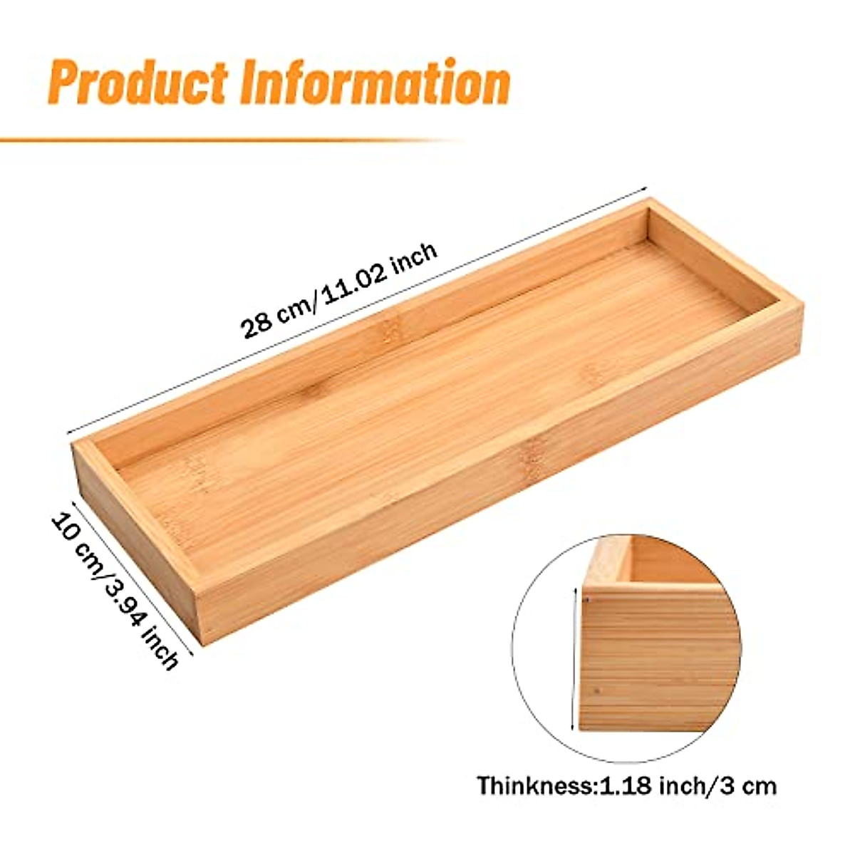 3 Pcs Bamboo Tea Serving Tray, Decorative Multi Use Bathroom Counter Tray with Edges Bamboo Vanity Tray for Dresser Counter Food Coffee Tea Snack Tissues Candles, 11 x 4 Inch