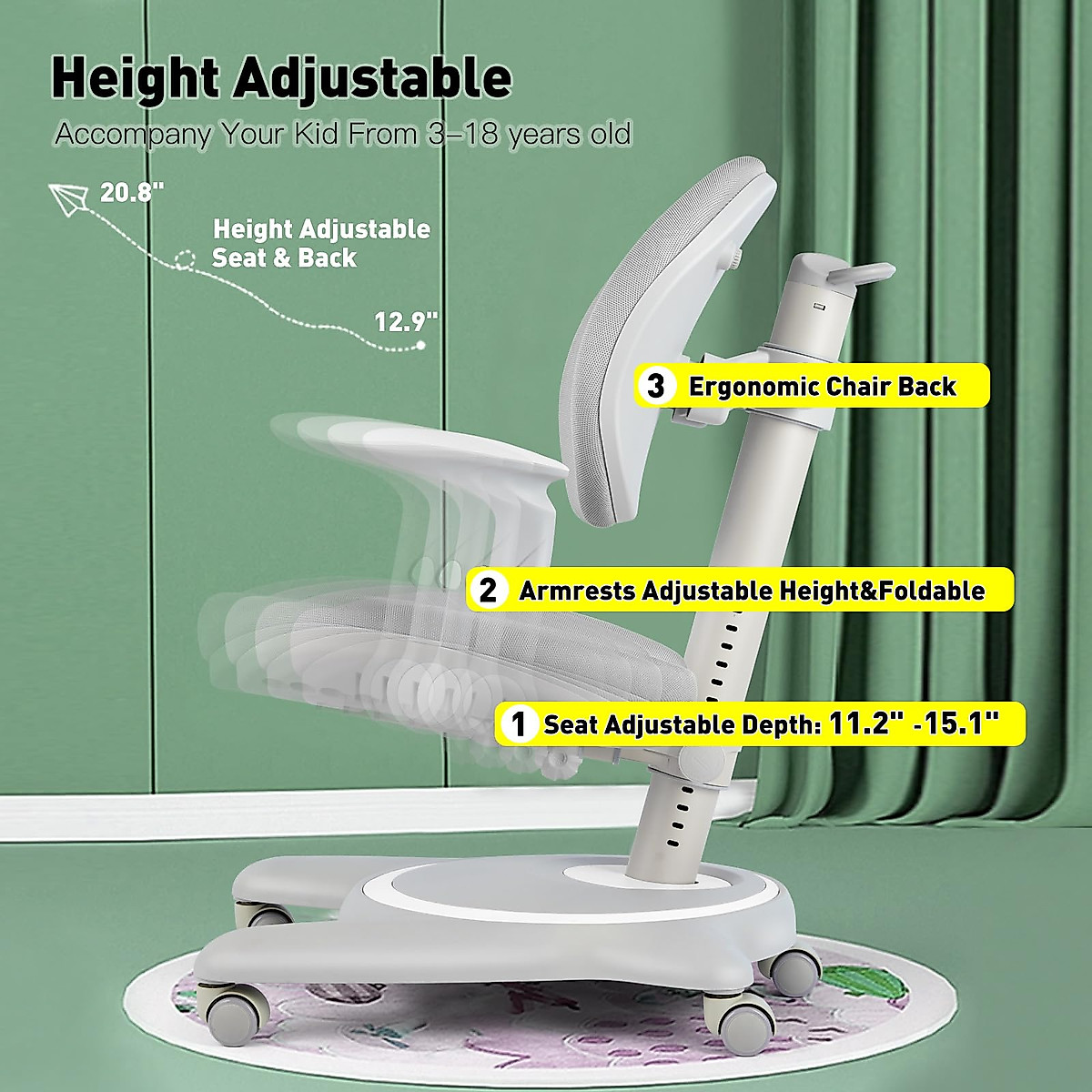 COSVALVE Adjustable Comfy Study Chair for Ages 5-15 Years Old, Reading Chair for Bedroom with Height and Depth Adjustable, Foldable Armrest, Auto Sit-Locking Wheels, for Girls Boys (Grey)