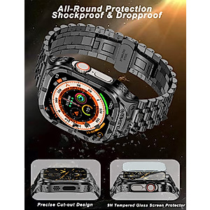 San Jeirie Stainless Steel Case & Band Compatible for Apple Watch Ultra 1/2 (49mm), Rugged Metal Protective Bumper Cover for iWatch Ultra Band for Men (Black)