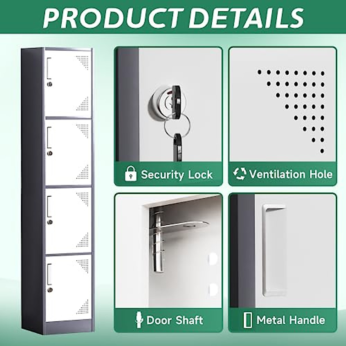 Halamine Employee Lockers, 4 Tiers Metal Locker for Storage, Tall Steel Storage Lockers for Employees, Lockable Lockers for Office, School, Gym, Office (White-Grey)